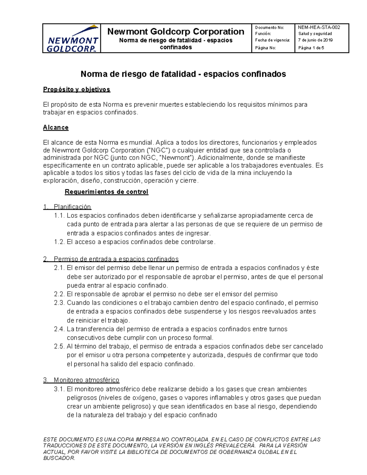 Fatality Risk Standard - Confined Spaces - Spanish - Newmont Goldcorp ...