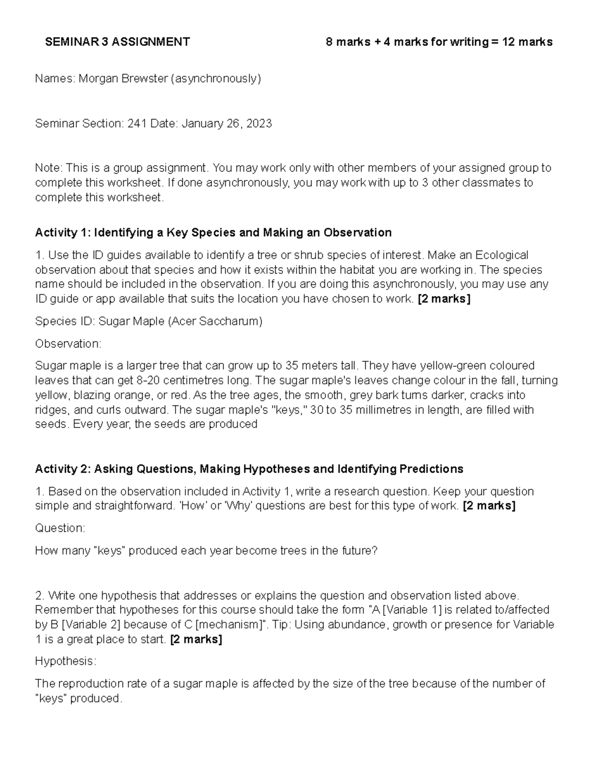 BIOL1070 Seminar 3 Worksheet 1 - SEMINAR 3 ASSIGNMENT 8 marks + 4 marks ...