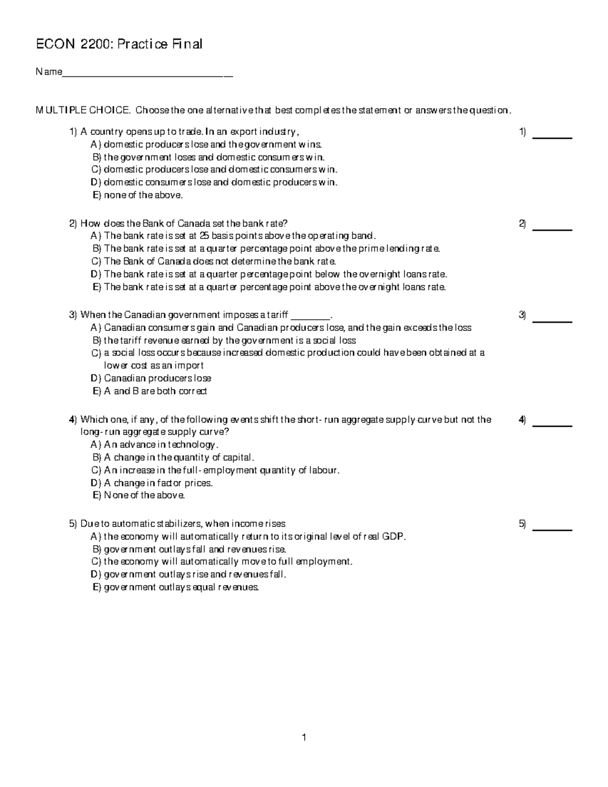 Final 5 January 2018, questions and answers - ECON 2200:Practice Final ...