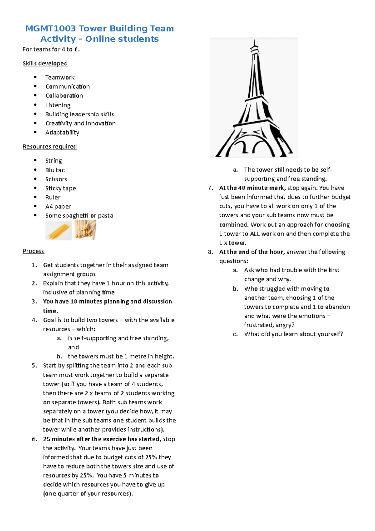 MGMT1003 Tower Building Team Activity - Online students - MGMT1003 ...