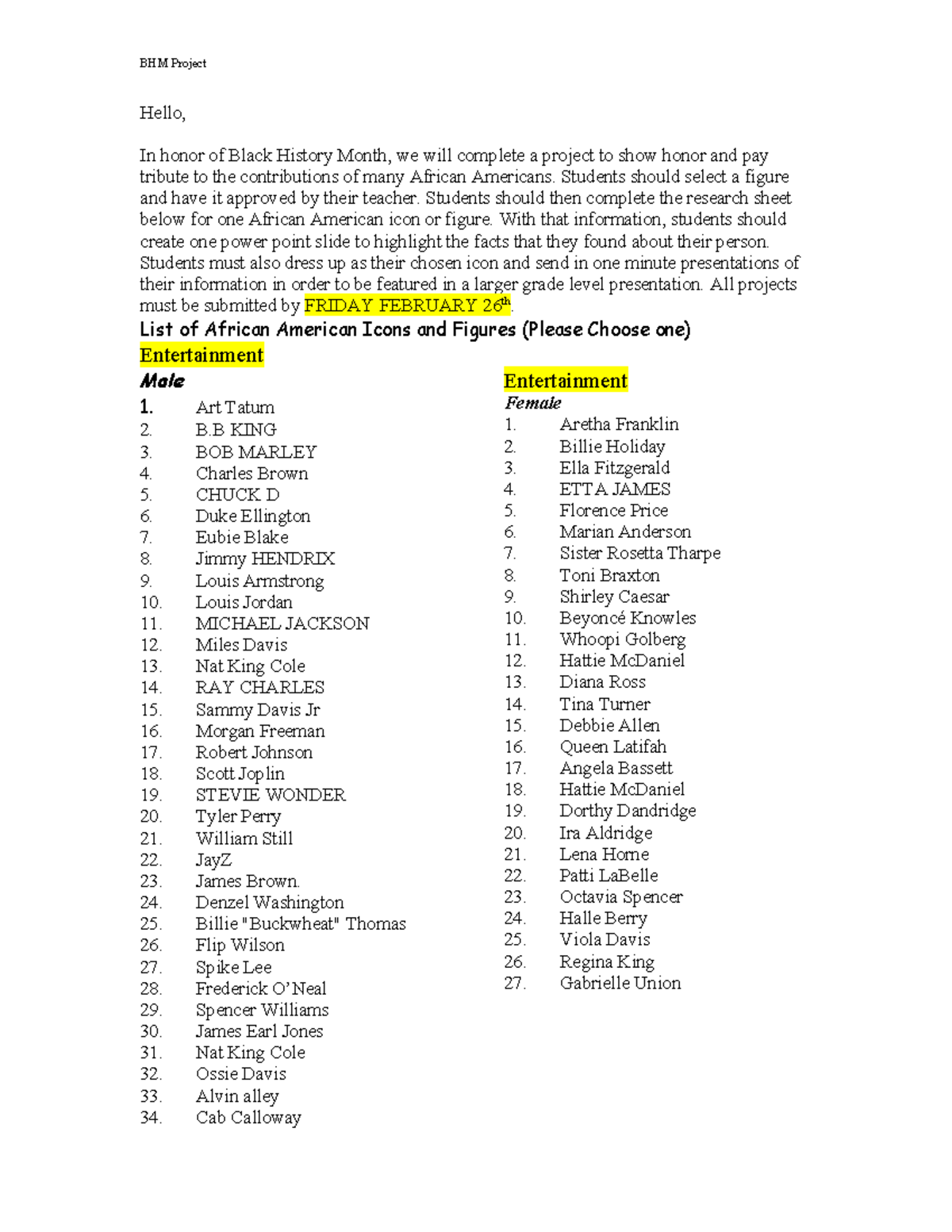 8th Grade BHM Extra Credit Project - Hello, In honor of Black History ...