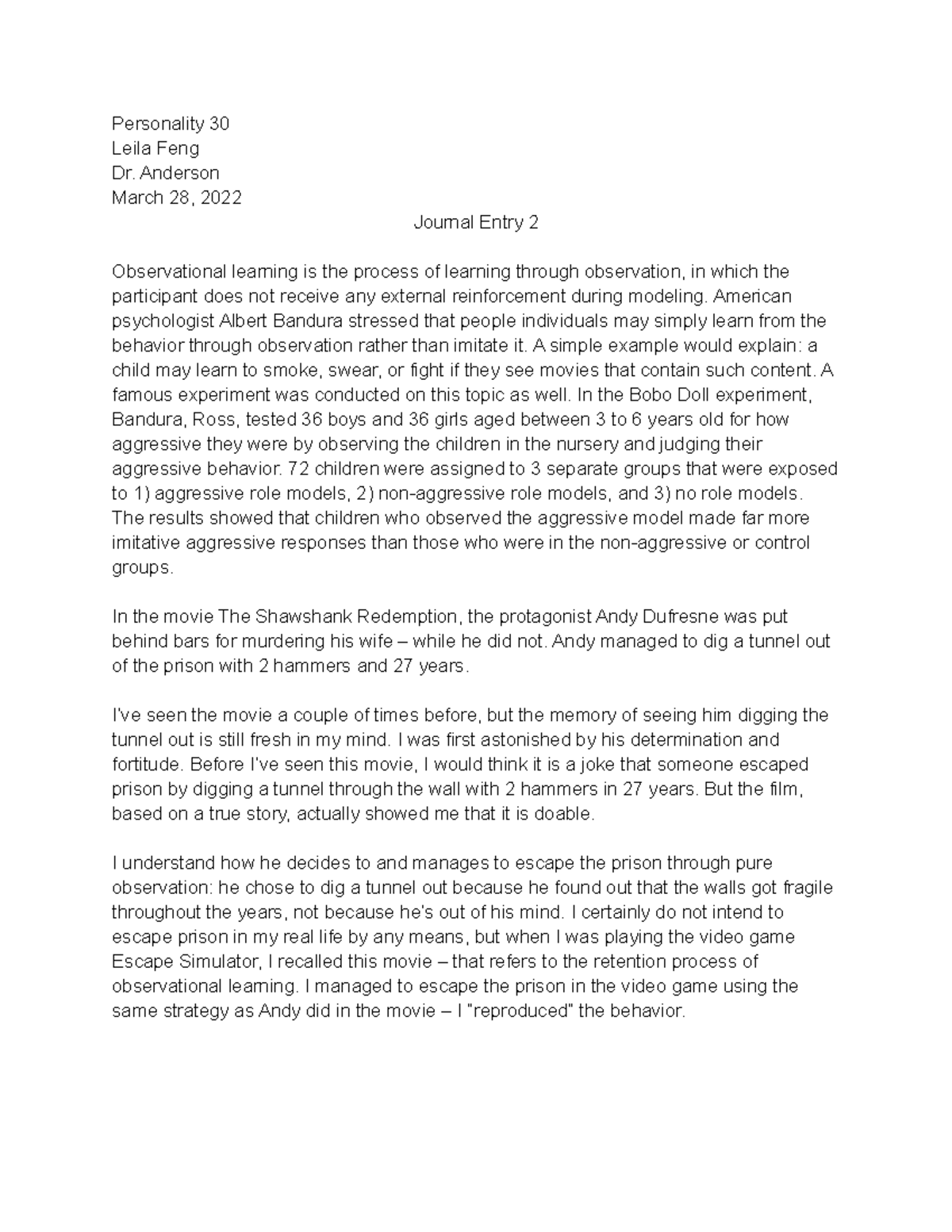 Film Journal Entry 2 - Personality 30 Leila Feng Dr. Anderson March 28 ...