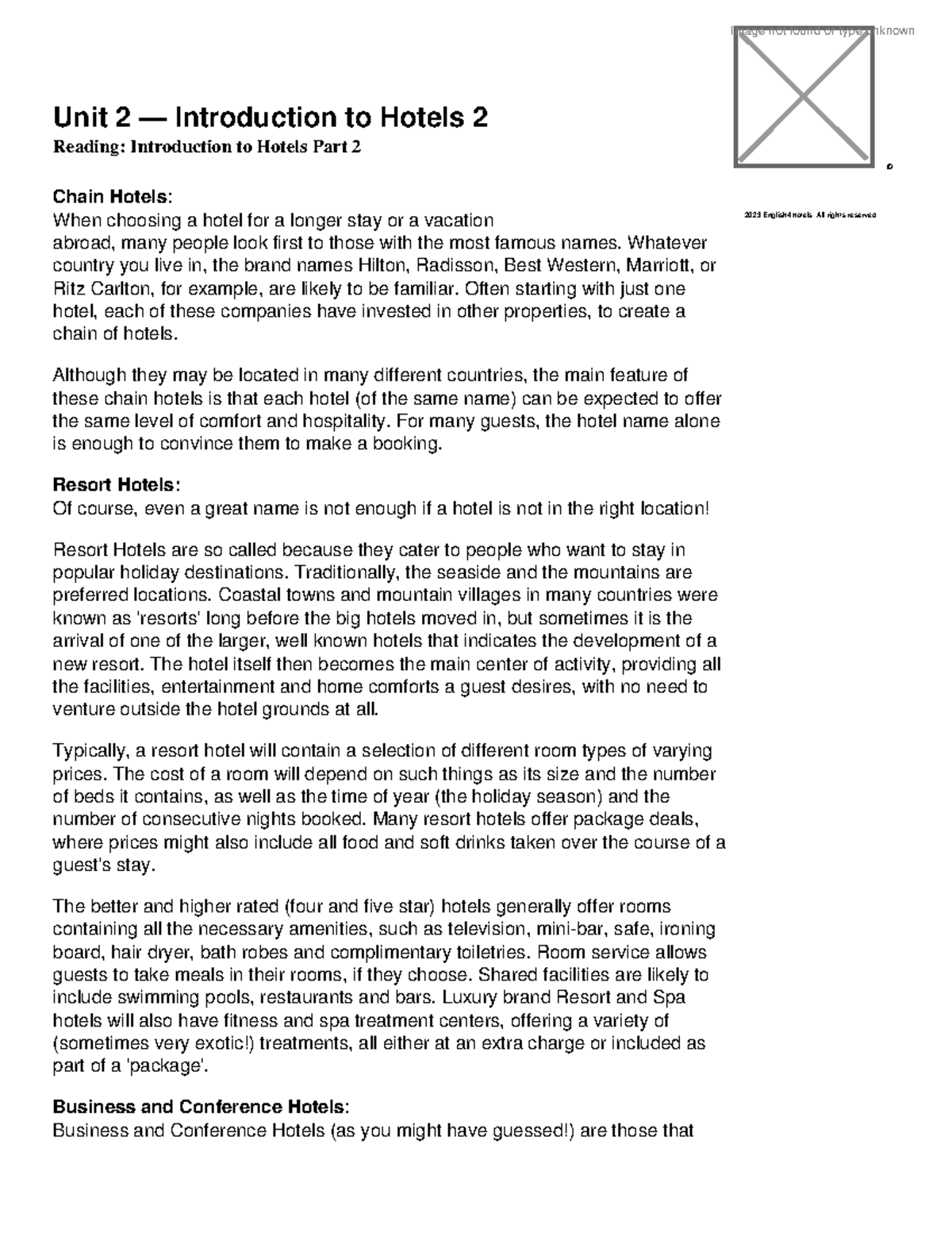 English 4Hotels — Unit 2 Introduction to Hotels Part 2 Reading - Unit 2 ...