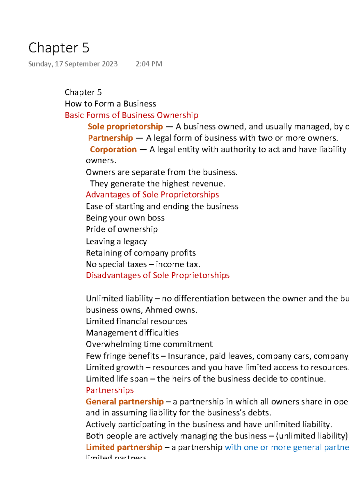 Business 100 chapter 5 - notes - Chapter 5 How to Form a Business Basic ...