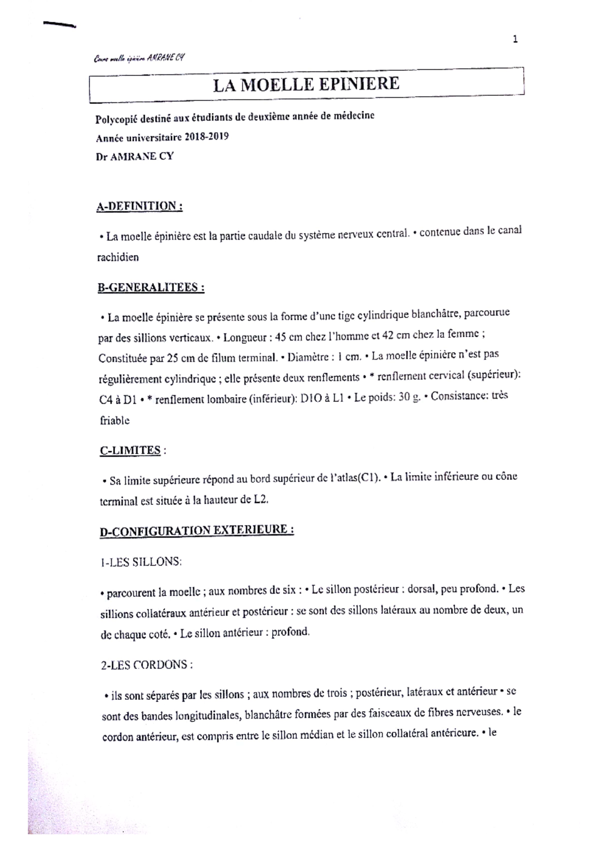 Anato 2an-moelle epiniere 2019 amrane - médecine - Studocu
