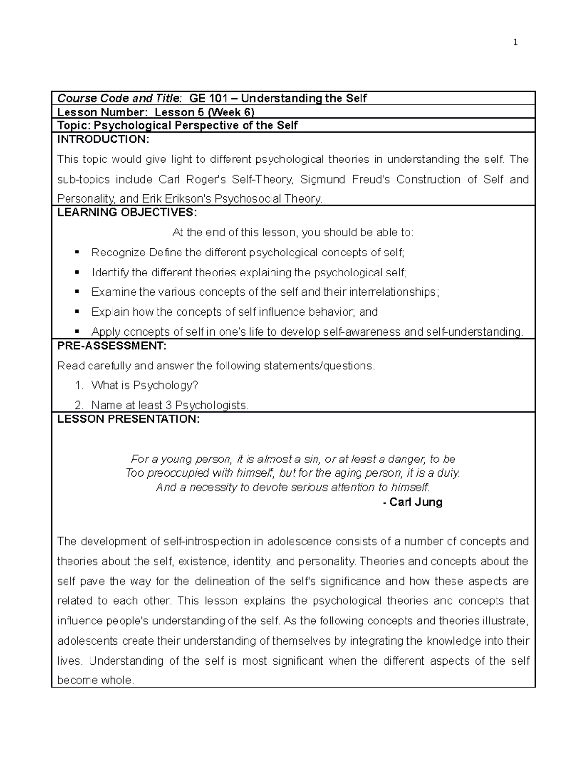 Lesson 5 Week 6 Psychological Perspective of the Self by CSD - Course ...