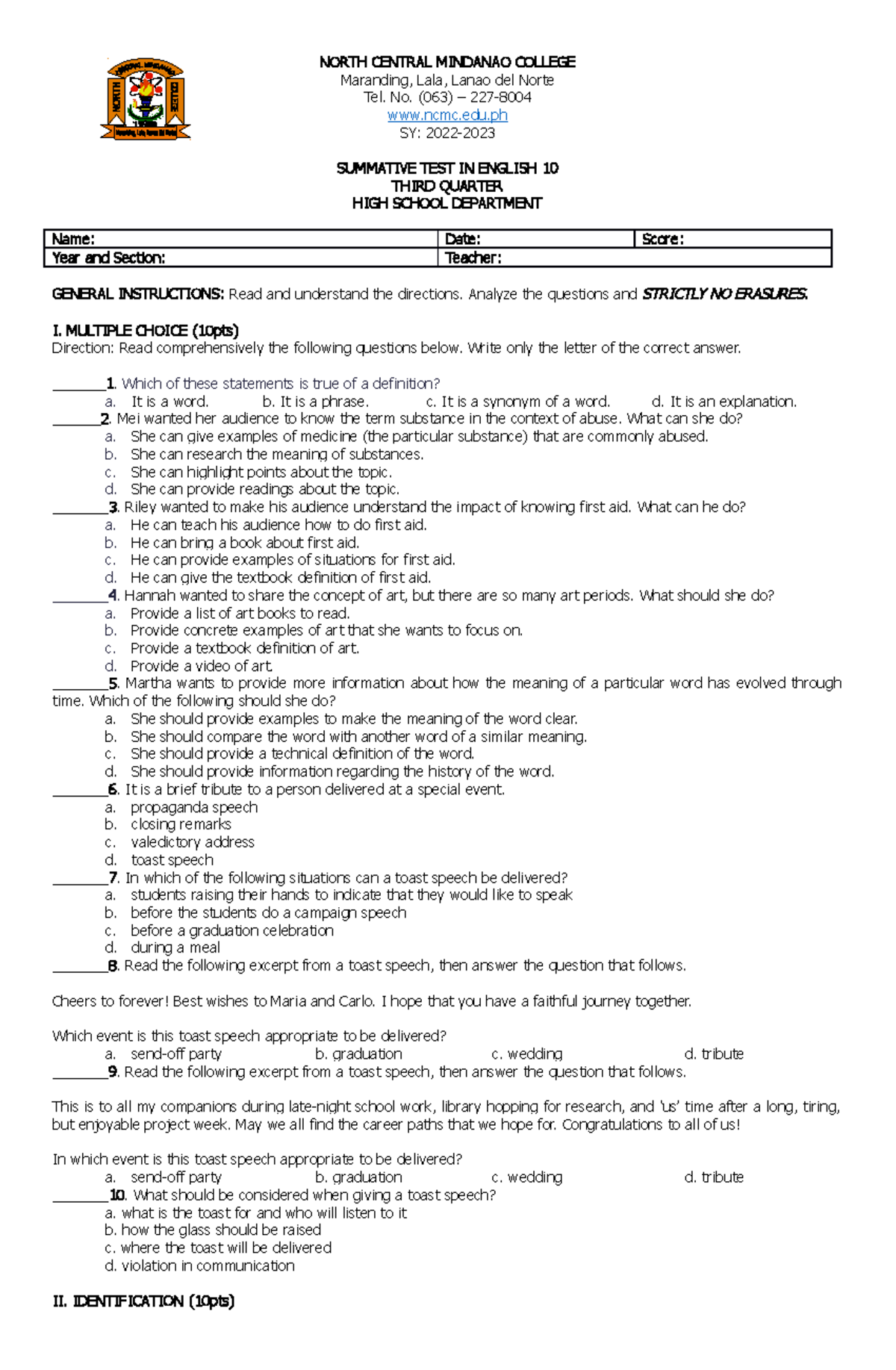 Summative test - NORTH CENTRAL MINDANAO COLLEGE Maranding, Lala, Lanao ...