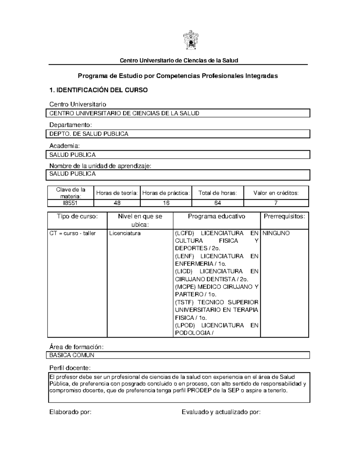 Programa salud publica - Centro Universitario de Ciencias de la Salud ...