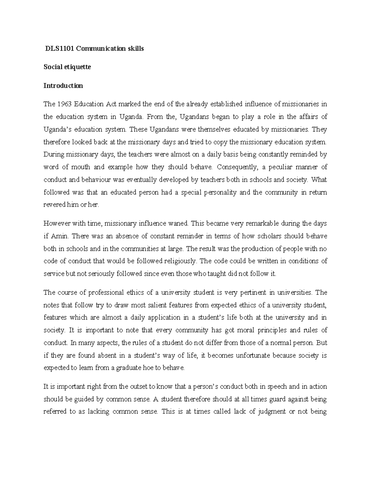 DLS1101 Communication Skills notes 1 (Introduction to social etiquette ...