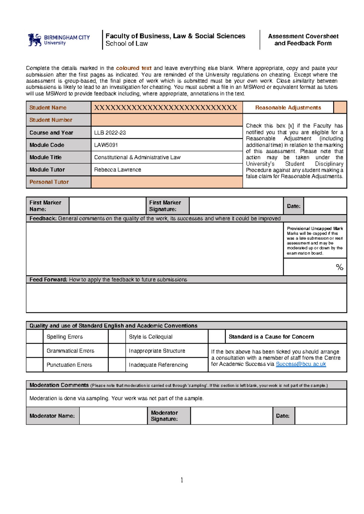 law coversheet bc - 1 Faculty of Business, Law & Social Sciences School of Law Assessment - Studocu