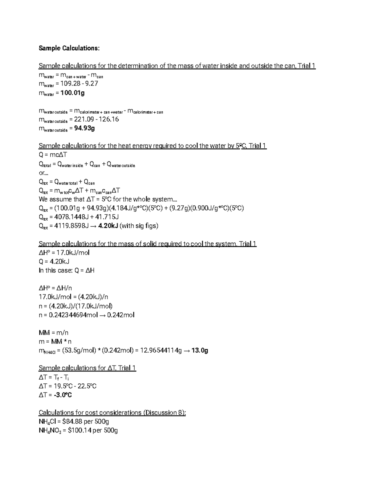 Calculations - .... - Sample Calculations: Sample calculations for the ...