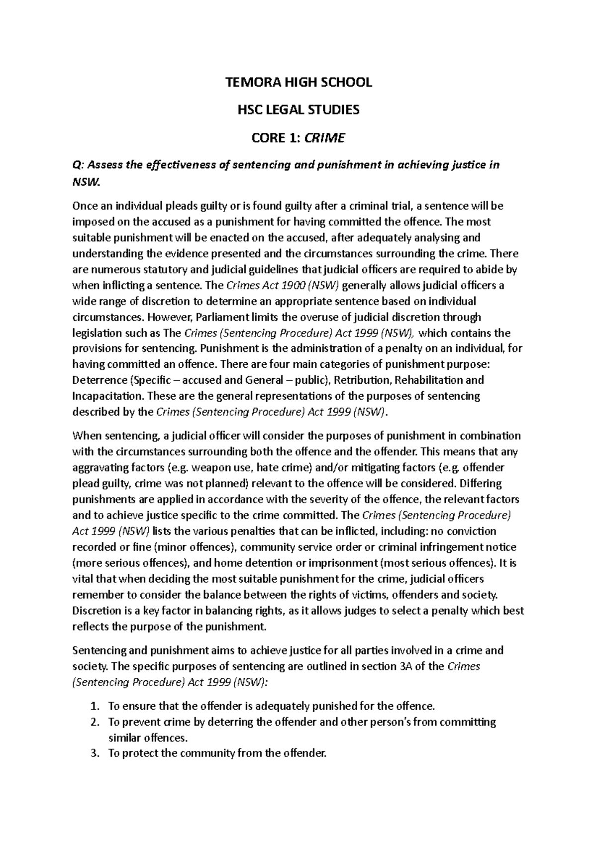 Crime Assessment - TEMORA HIGH SCHOOL HSC LEGAL STUDIES CORE 1: CRIME Q ...