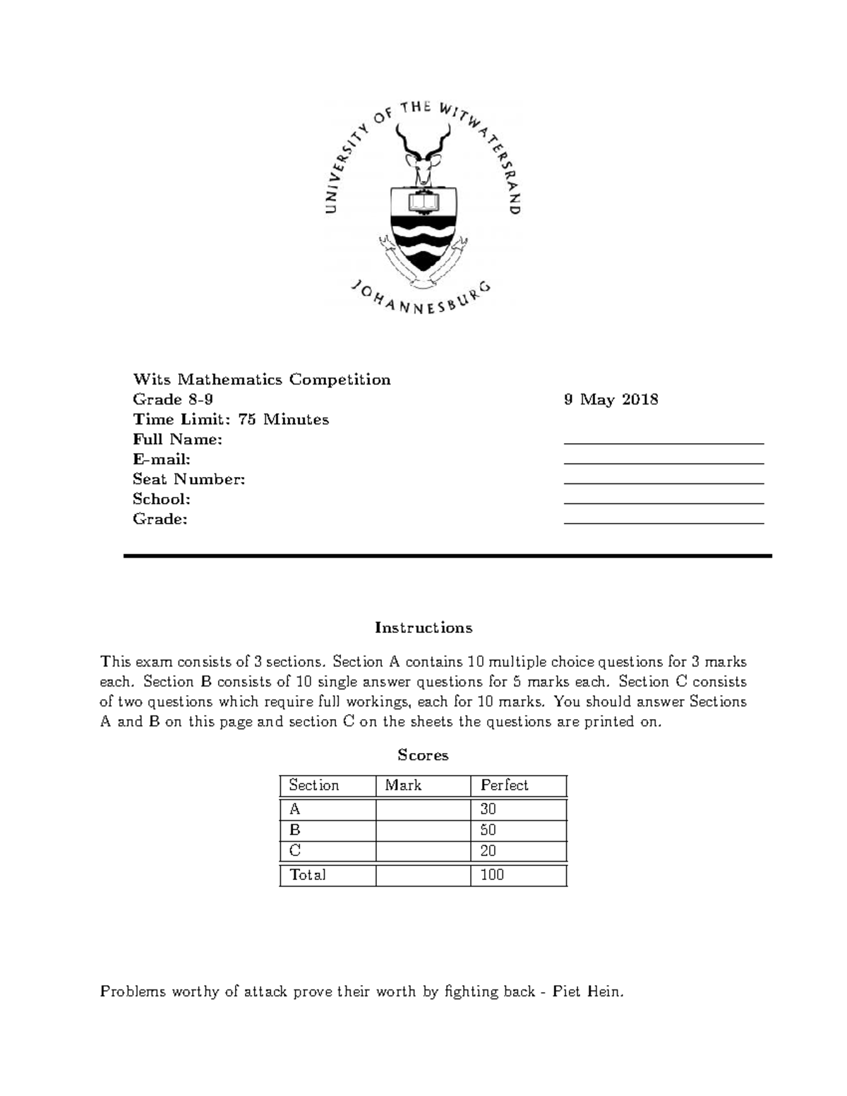 2018 JS - Past papers that could really help - Wits Mathematics ...