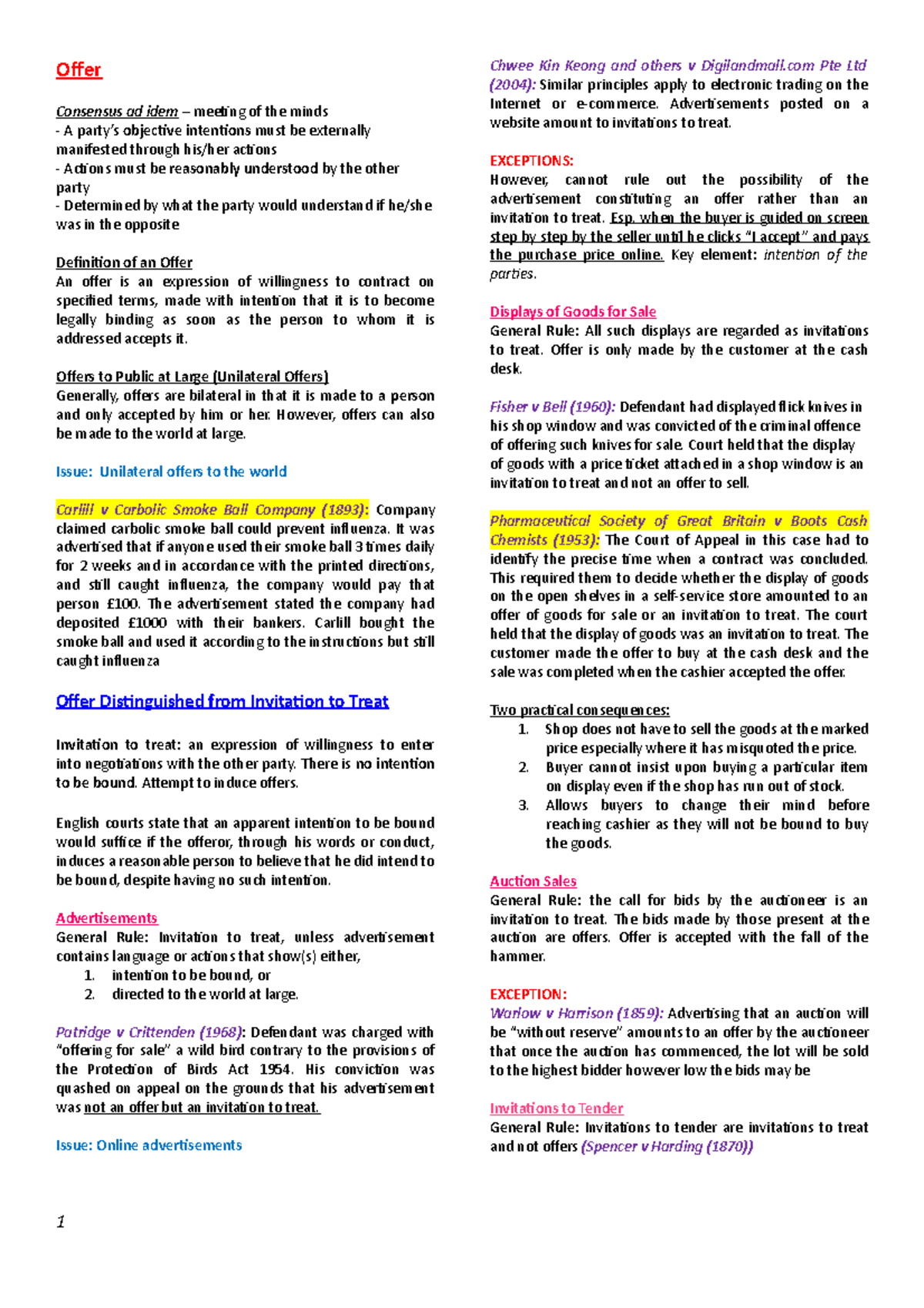 Godlike Blaw - notes - Offer Consensus ad idem – meeting of the minds A ...