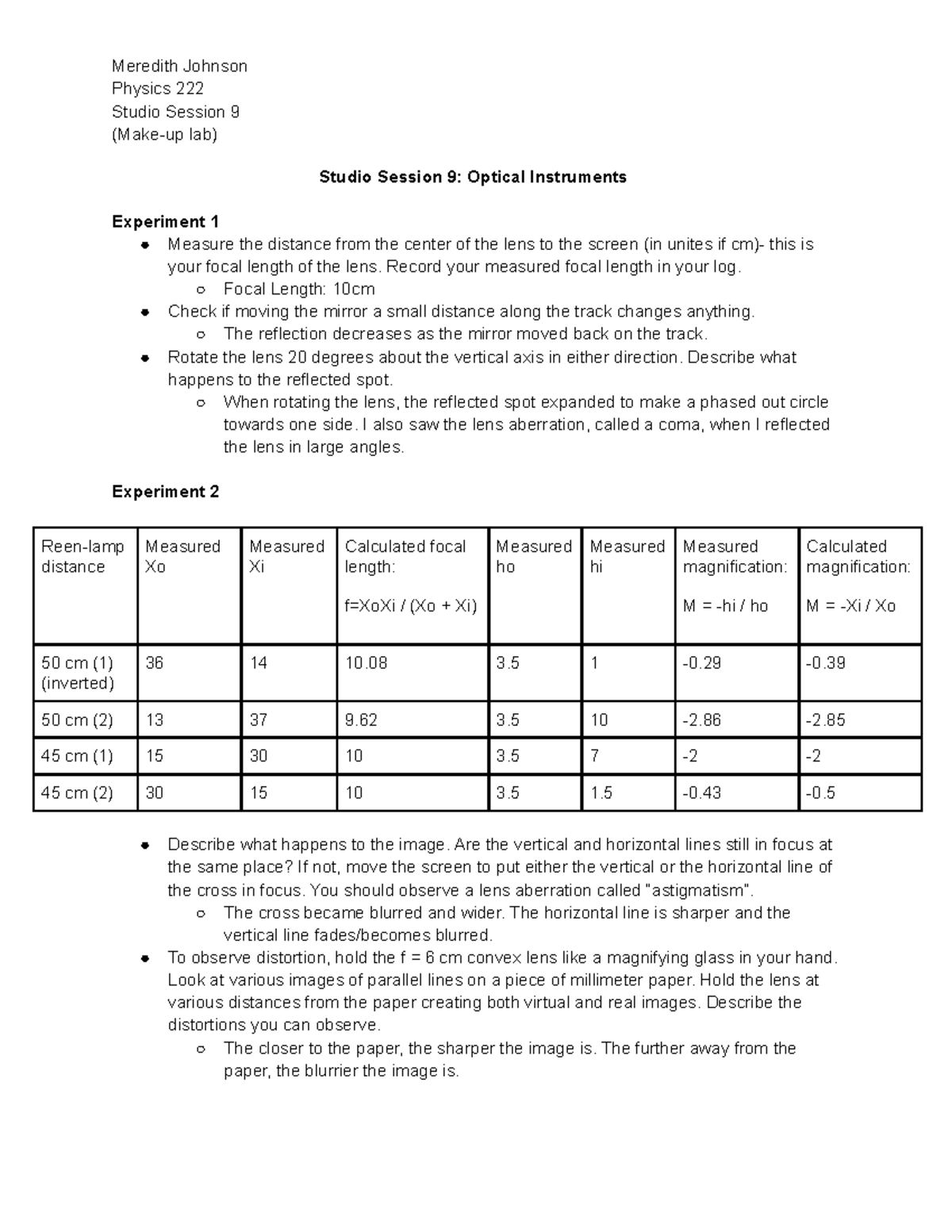 Lab 9 physics 222 - Meredith Johnson Physics 222 Studio Session 9 (Make ...