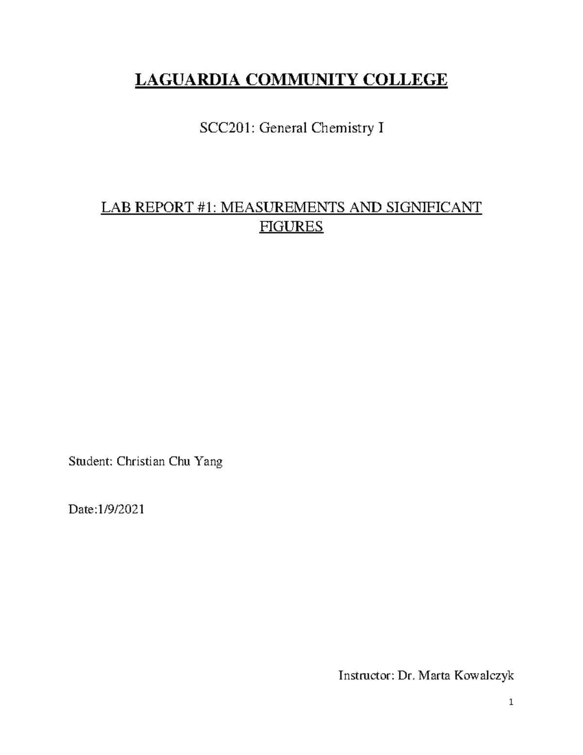Lab1 - chem1 lagcc - LAGUARDIA COMMUNITY COLLEGE SCC201: General ...