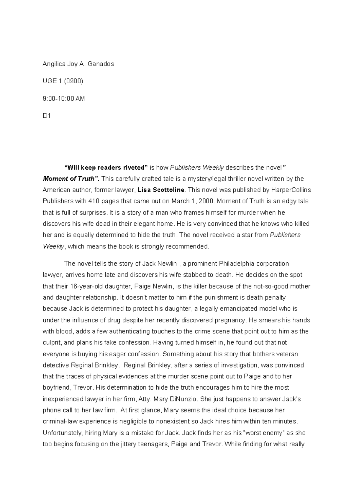 Book-report - book report on a mystery novel Moment of Truth - Angilica ...