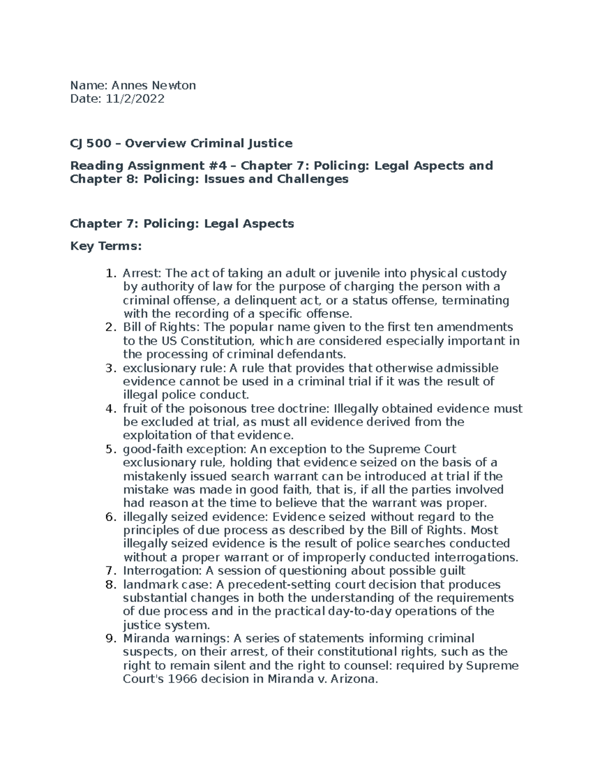 Assignment 4 Chapters 7 AND 8 - Name: Annes Newton Date: 11/2/ CJ 500 – Overview Criminal ...