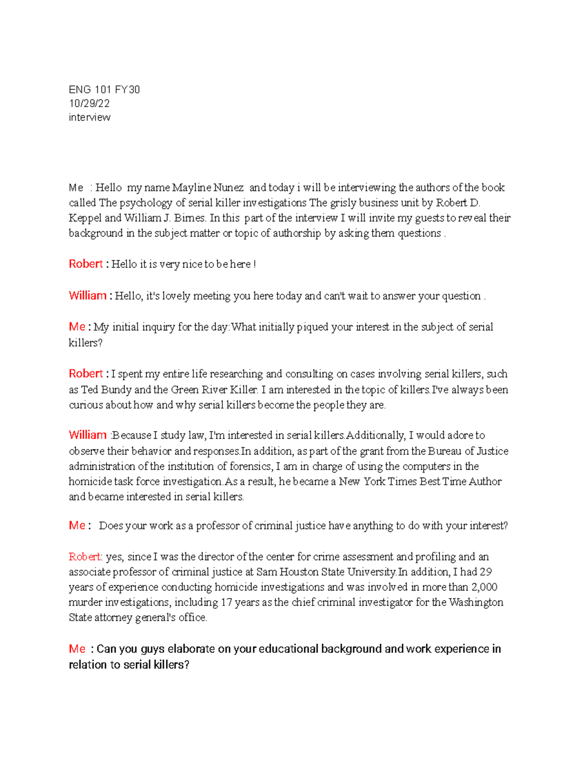 The Scripted Interview - ENG 101 FY 10/29/ interview Me : Hello my name ...