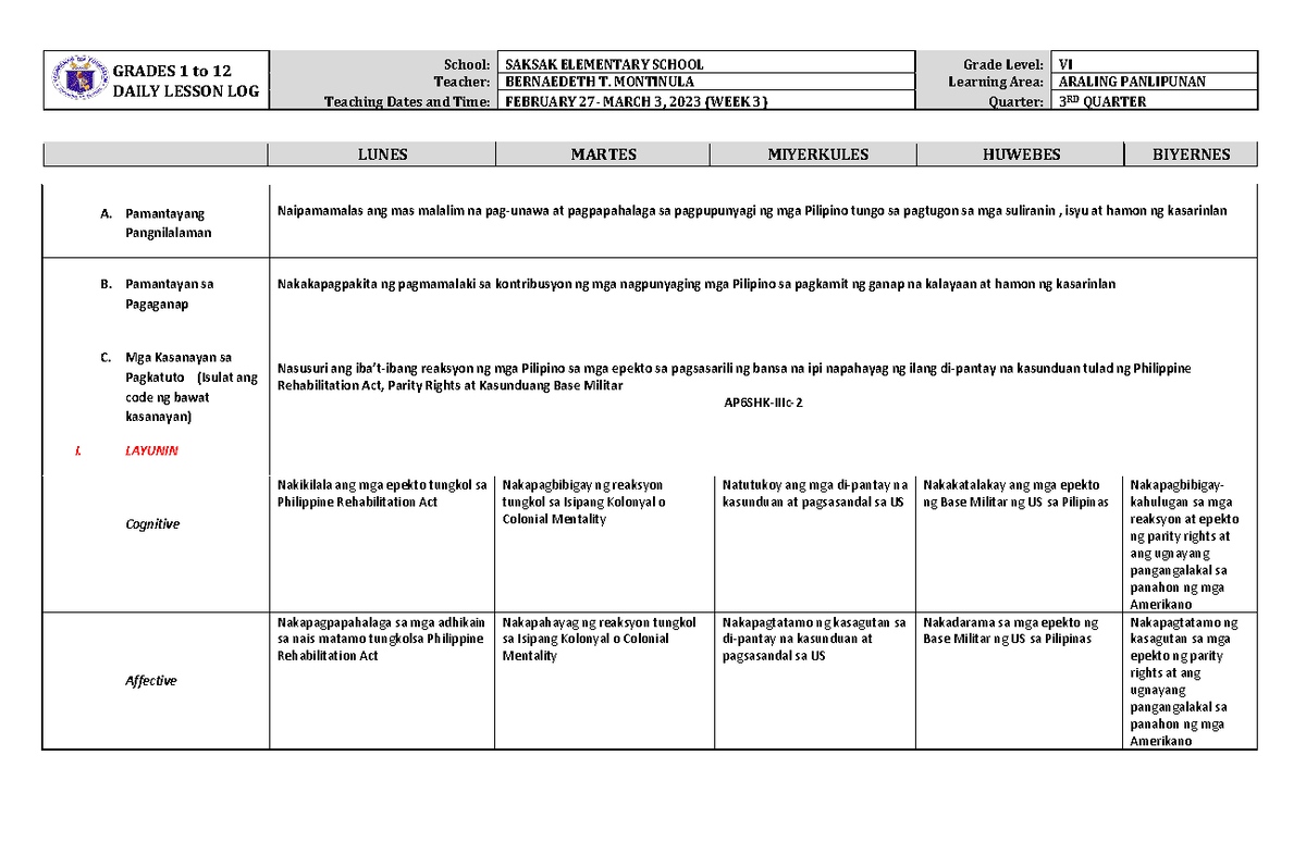 ARAL.PAN DLL WEEK 3 - DLL FOR ARALING PANLIPUNAN 6 QUARTER 3 WEEK 4 ...