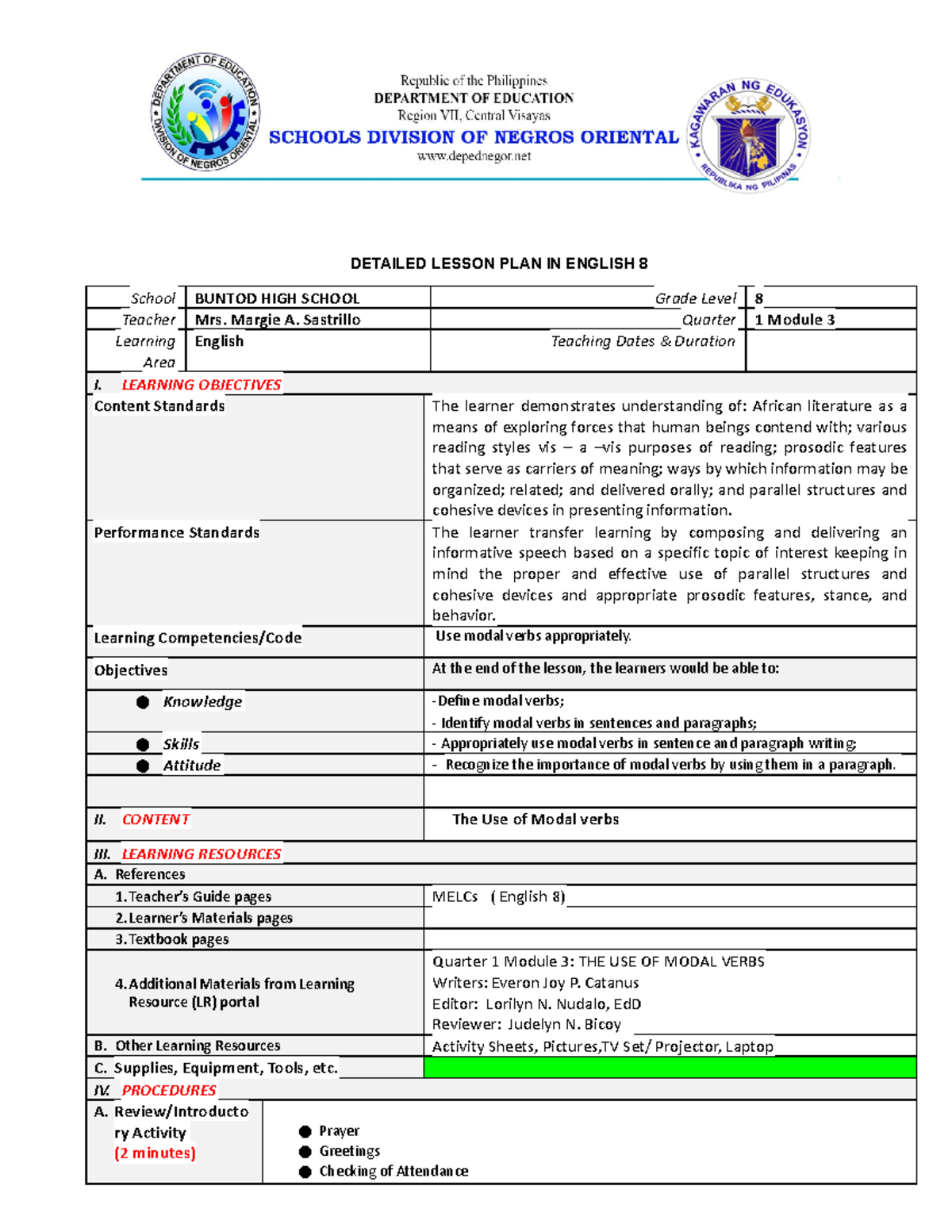 English-8-Q1- Week 2 and 3 - DETAILED LESSON PLAN IN ENGLISH 8 School ...