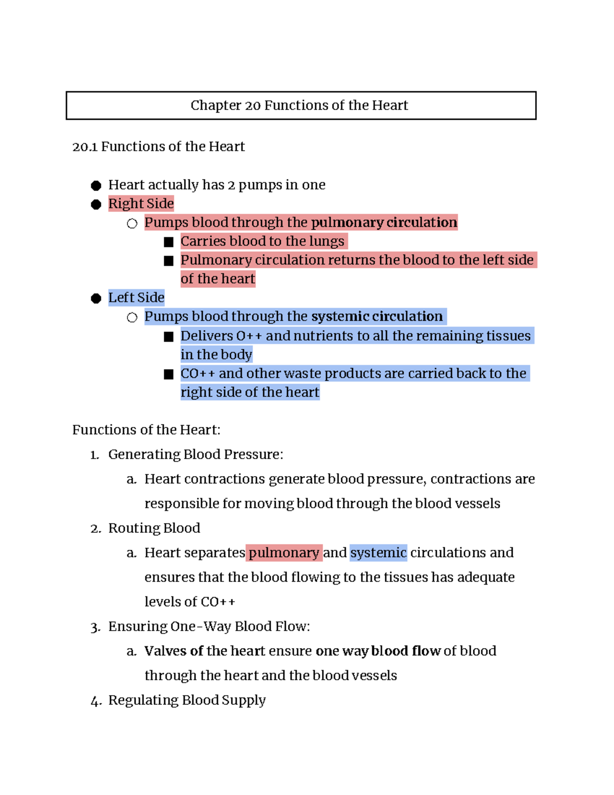 Chapter 20 Notes Functions of the Heart - Chapter 20 Functions of the ...