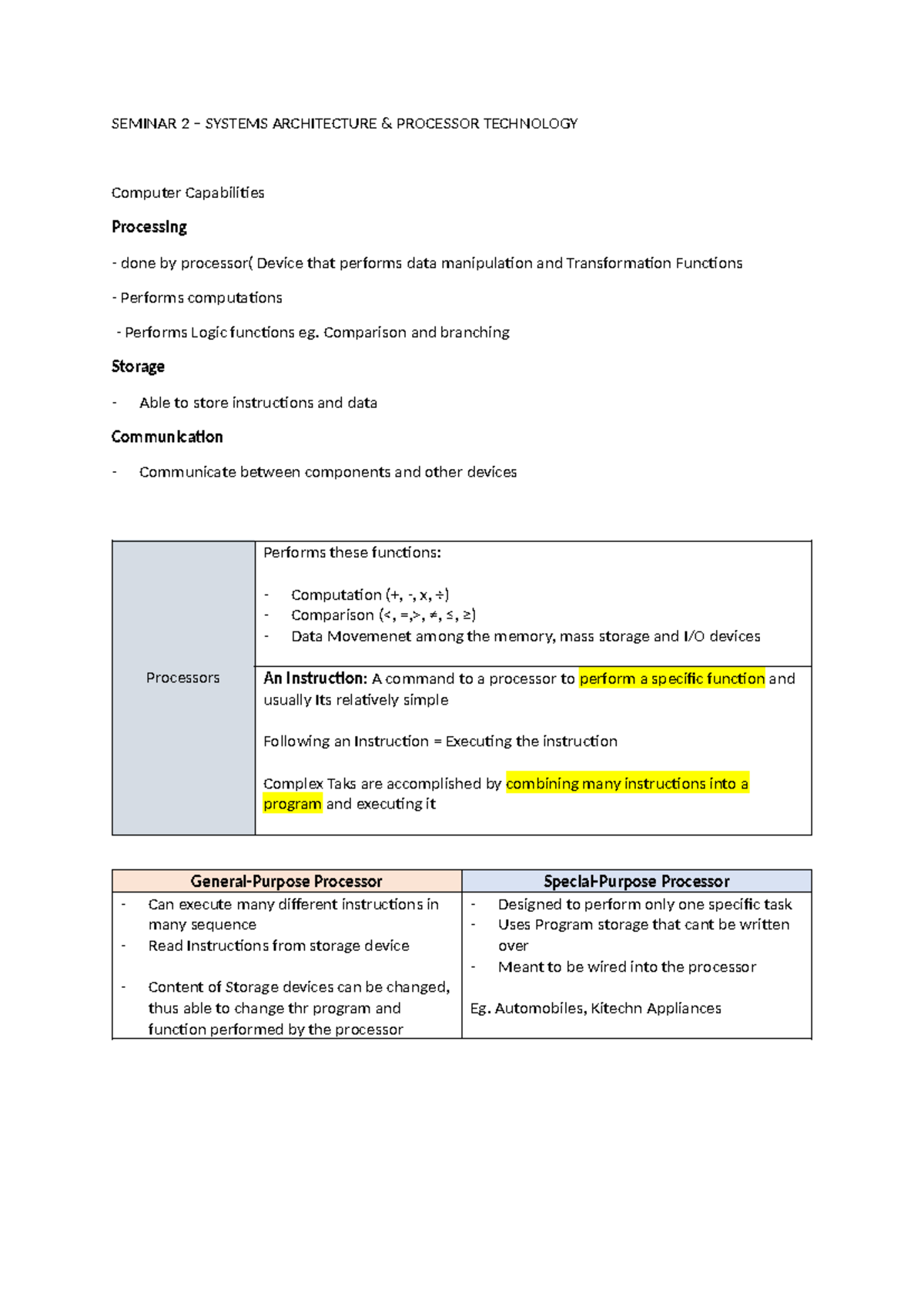 Seminar 2 - SEMINAR 2 – SYSTEMS ARCHITECTURE & PROCESSOR TECHNOLOGY ...