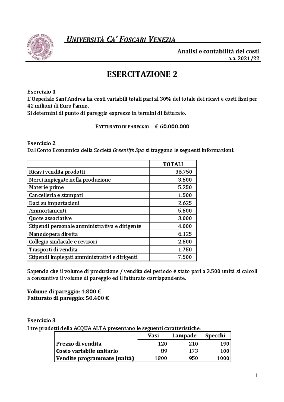Esercitazione 2 - soluzioni - ESERCITAZIONE 2 Esercizio 1 L’Ospedale Sant’Andrea ha costi ...