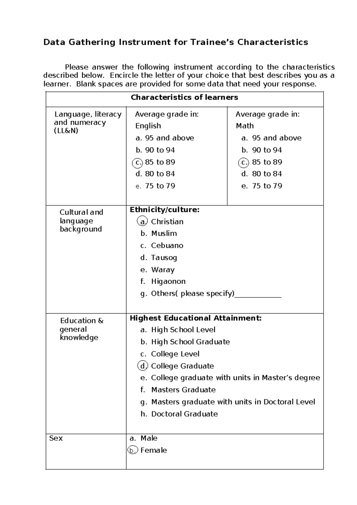 1 Data Gathering Instrument - Encircle the letter of your choice that ...