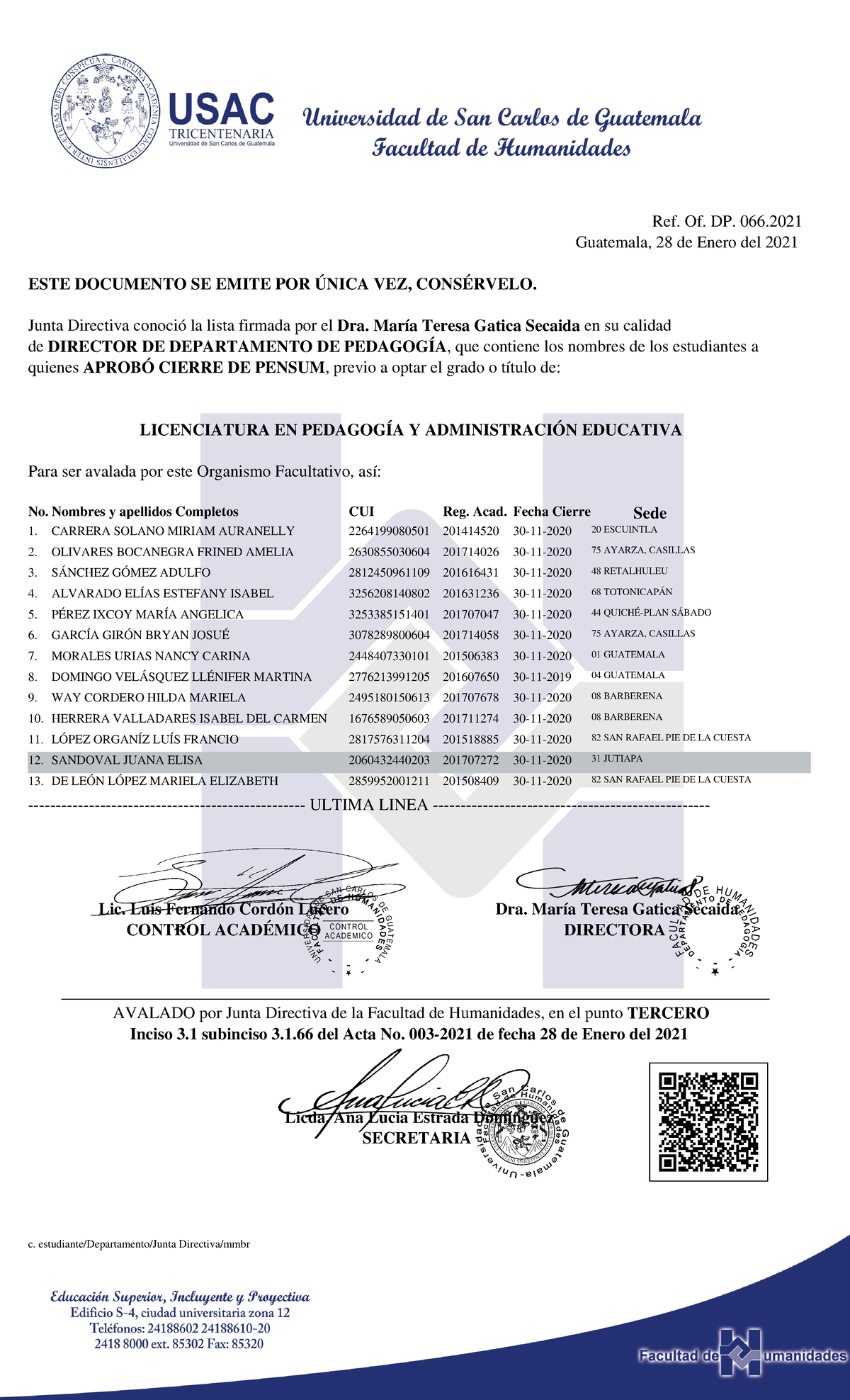 Cierre de Pensum licenciatura - Ref. Of. DP. 066. Guatemala, 28 de ...