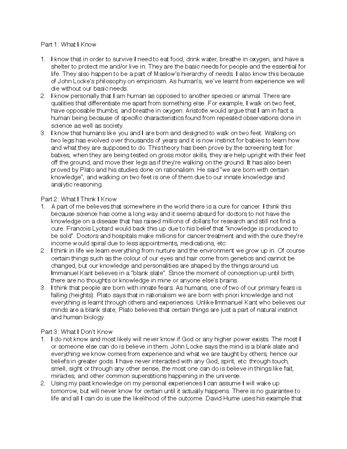 Philosophy - What I know for certain, think I know, and don't know ...