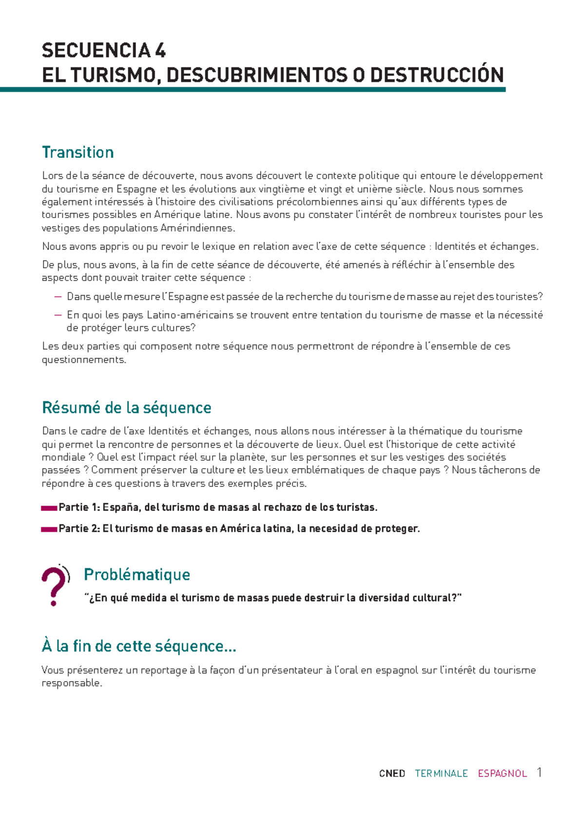 feuille de route - CNED TERMINALE ESPAGNOL 1 SECUENCIA 4 EL TURISMO ...