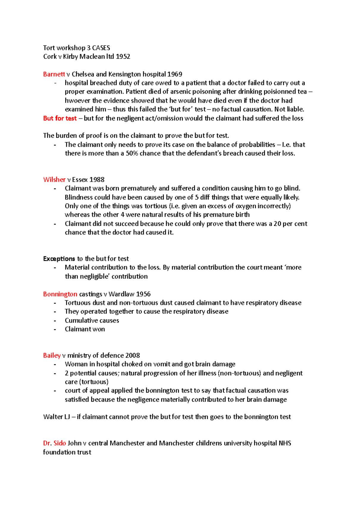 Tort workshop 3 Cases and Prep - Tort workshop 3 CASES Cork v Kirby ...