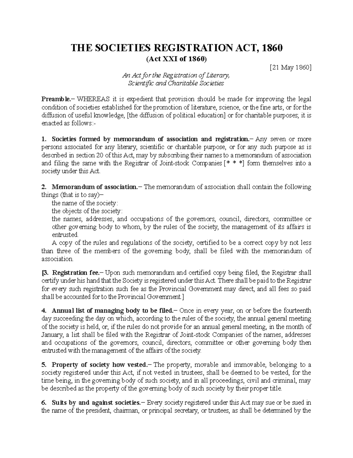 THE Societies Registration ACT - THE SOCIETIES REGISTRATION ACT, 1860 ...