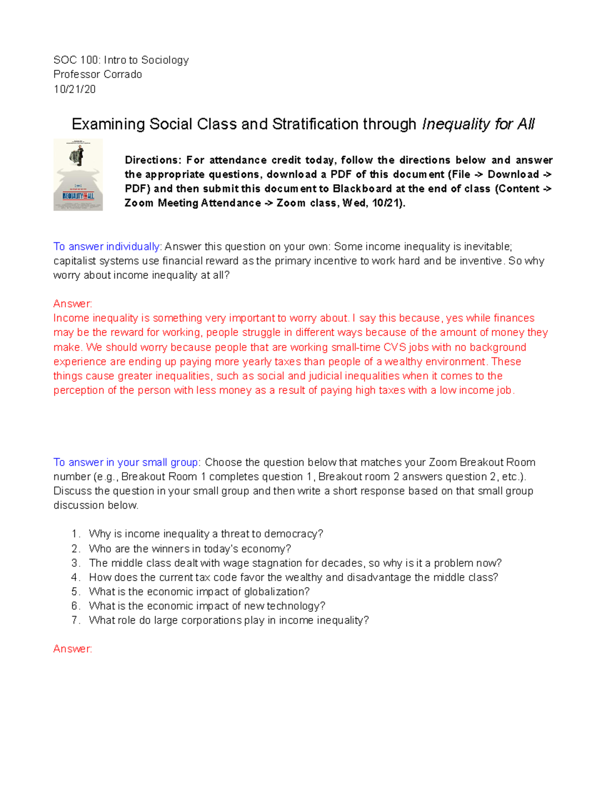 Copy of SOC 100, Zoom Class, Social Class - SOC 100: Intro to Sociology ...