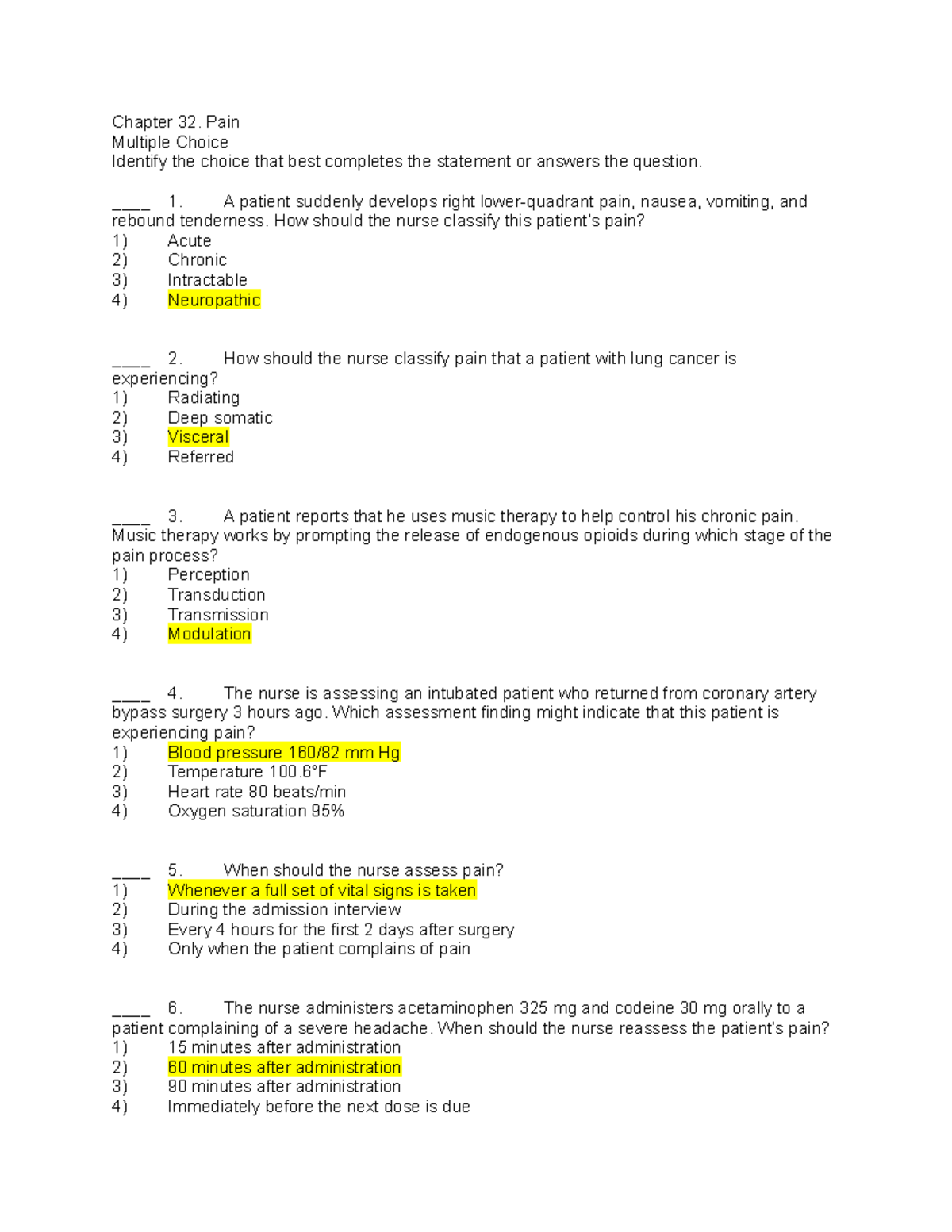Pain quiz in class - notes to help for 172 - Chapter 32. Pain Multiple ...