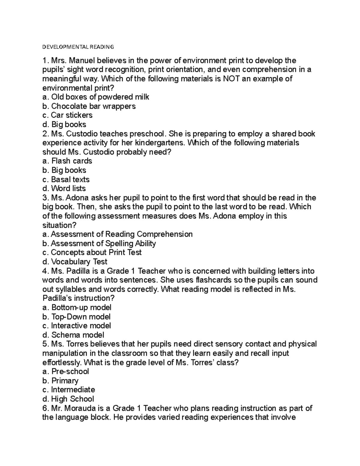 Developmental- Reading- Reviewer - DEVELOPMENTAL READING Mrs. Manuel ...