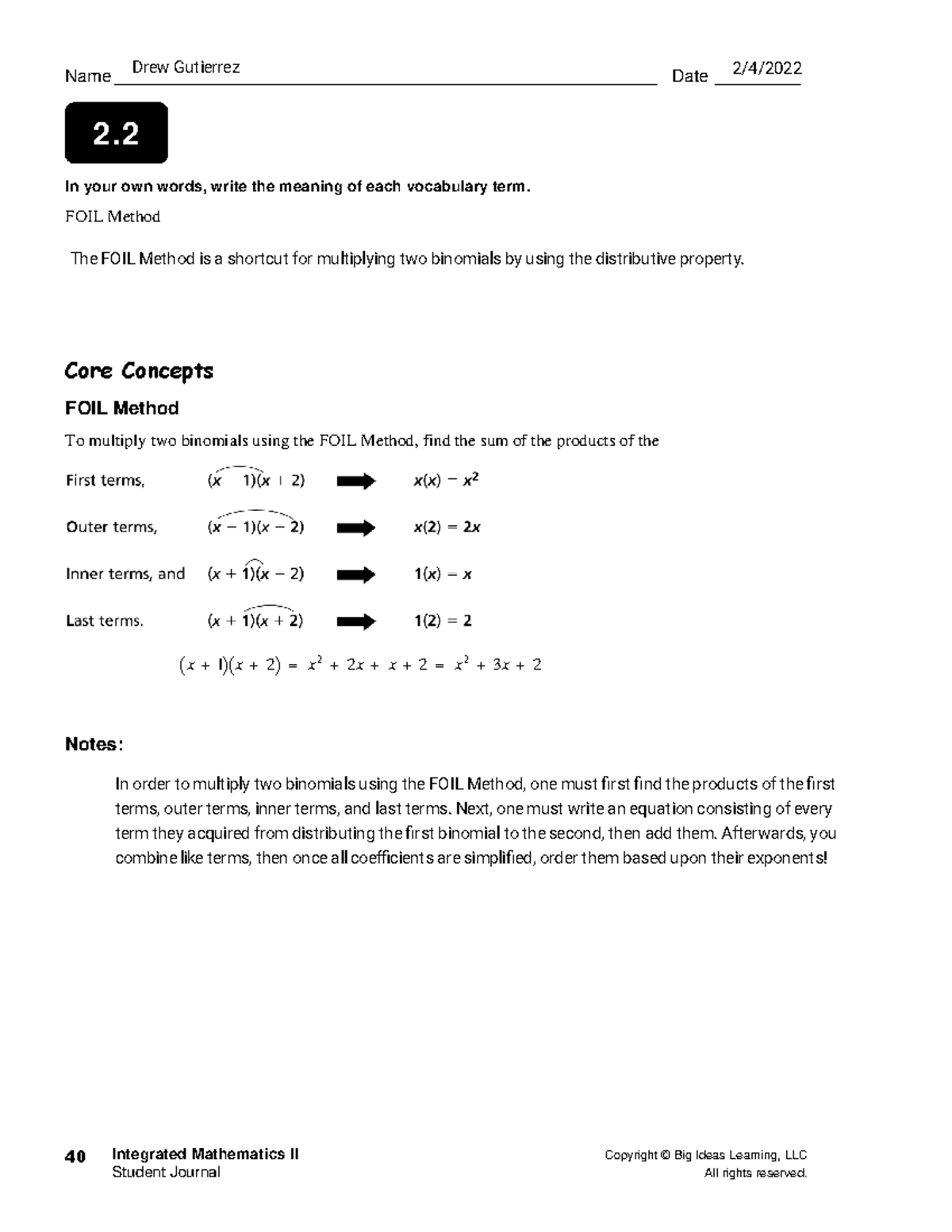 Drew Gutierrez - Practice 2 - Integrated Mathematics II Copyright © Big ...