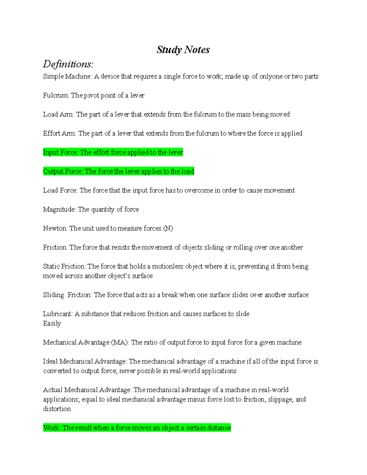 Chapter 2 Science - Study Notes Definitions: Simple Machine: A device ...
