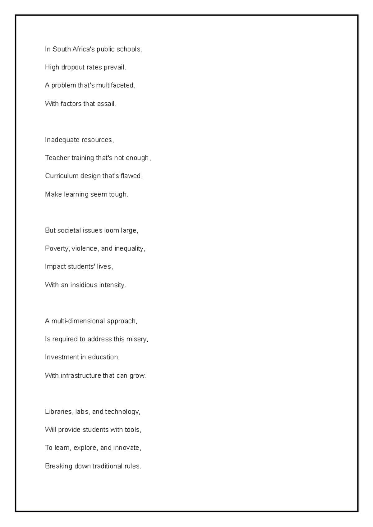 Intellectually rigorous poem - In South Africa's public schools, High ...