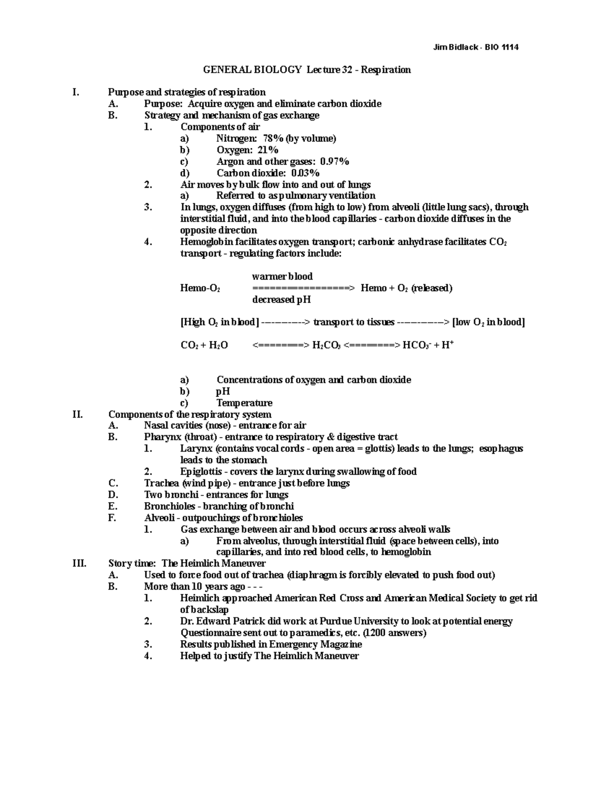 Lecture 31 Biology Notes -Respiration - Jim Bidlack - BIO 1114 GENERAL ...