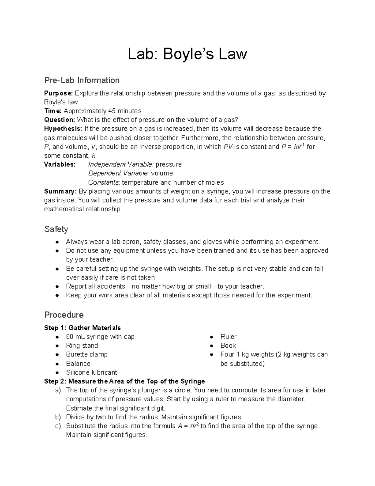 Copy of Lab 8 Boyle's Law - Lab: Boyle’s Law Pre-Lab Information Purpose: Explore the ...