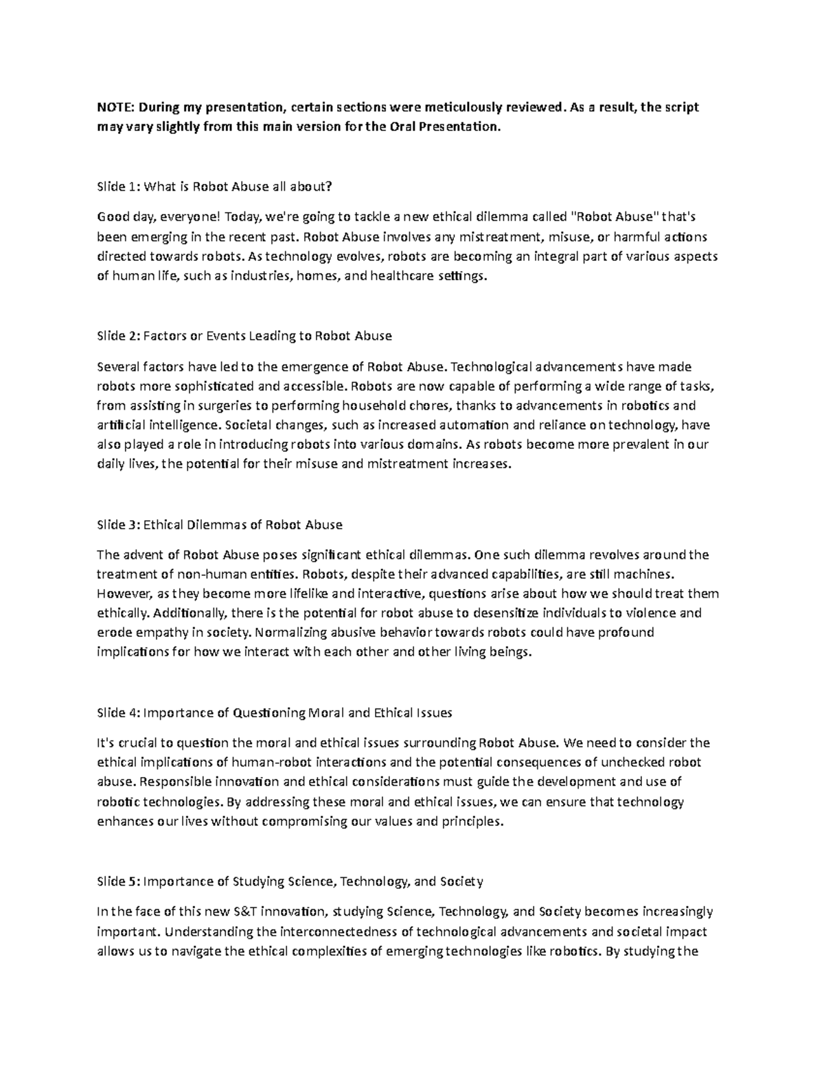 Oral Presentation 1 Script - NOTE: During my presentation, certain ...