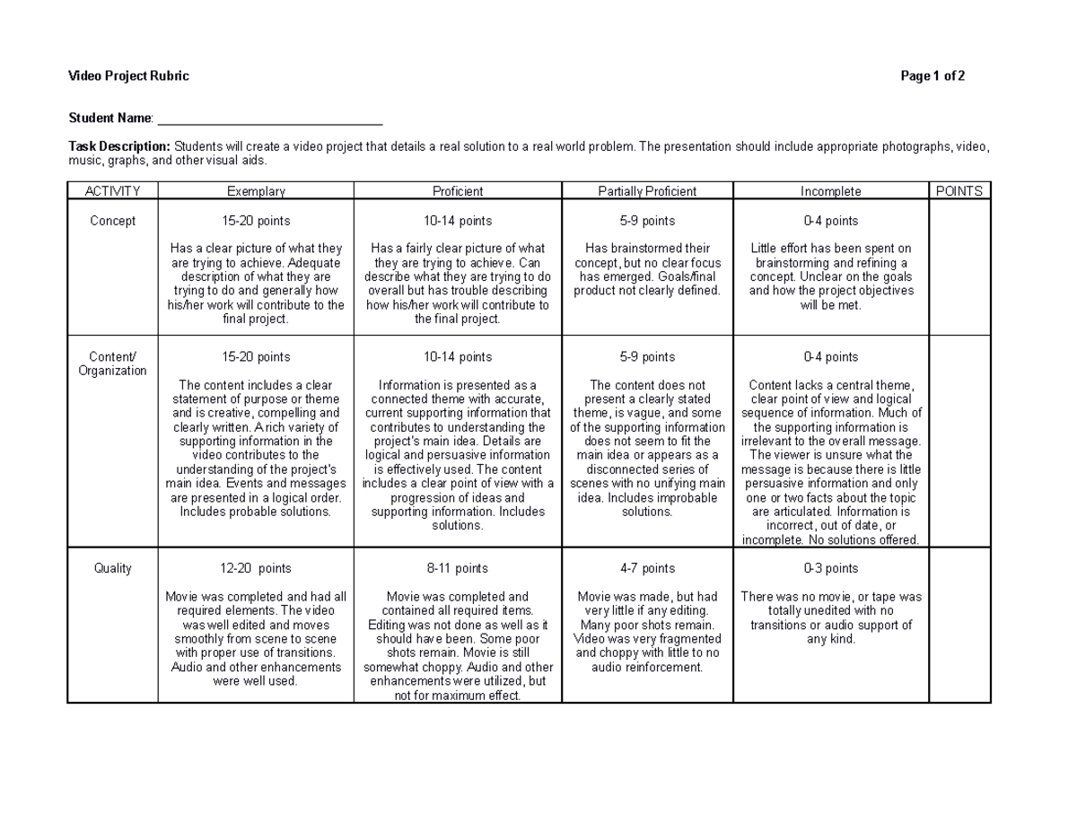 Rubric Video - Video Project Rubric Page 1 of 2 Student Name