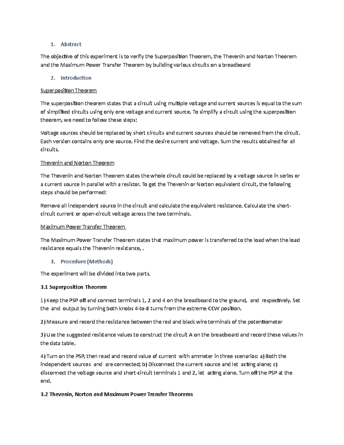 Lab report 2 - Abstract The objective of this experiment is to verify the Superposition Theorem ...