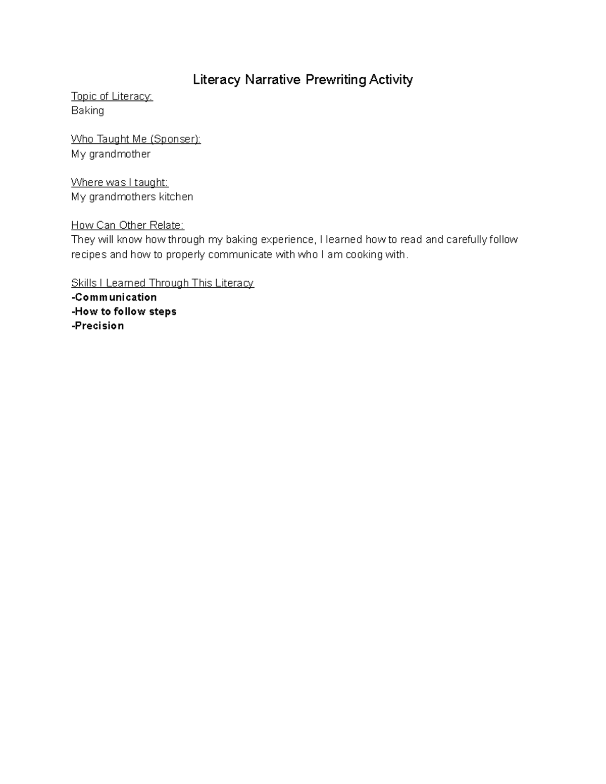 Literacy Narrative Prewriting Activity - Skills I Learned Through This ...