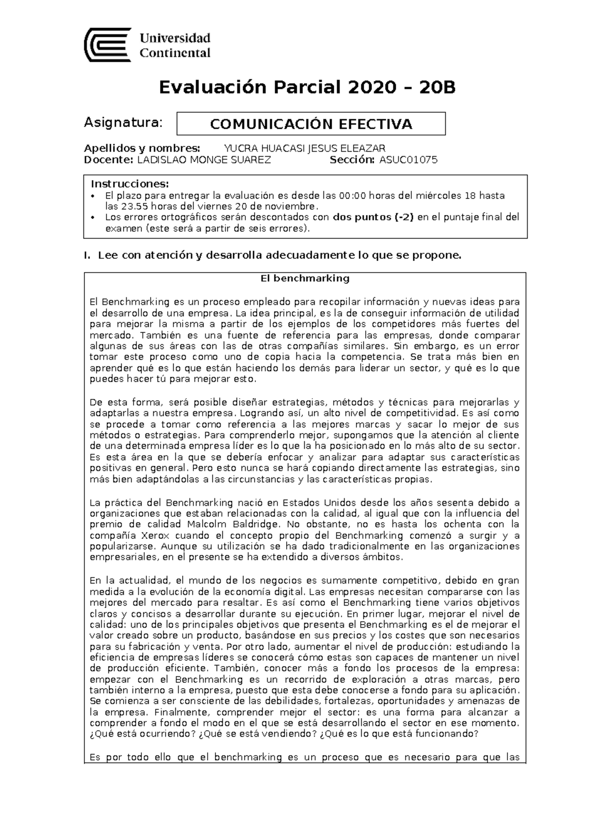 Evaluación Parcial (E3) - Evaluación Parcial 2020 – 20B Asignatura: Apellidos y nombres: YUCRA ...