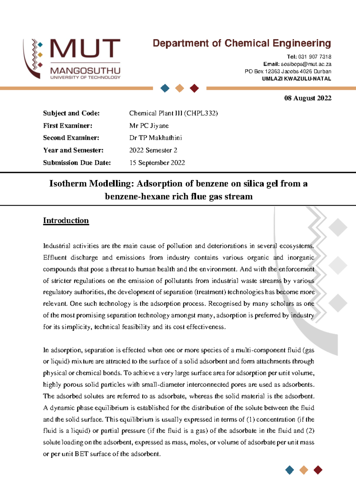 Chemical Plant III Assignment - 2 Sem 2022 - Department of Chemical ...