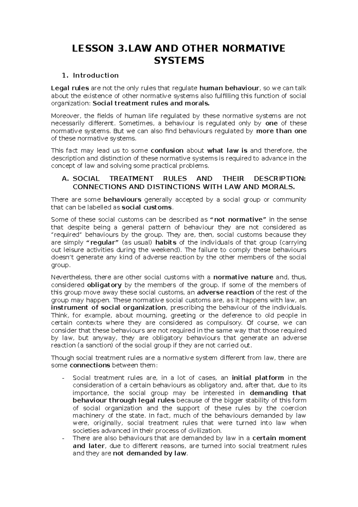 Lesson 3 - LESSON 3 AND OTHER NORMATIVE SYSTEMS 1. Introduction Legal rules are not the only ...