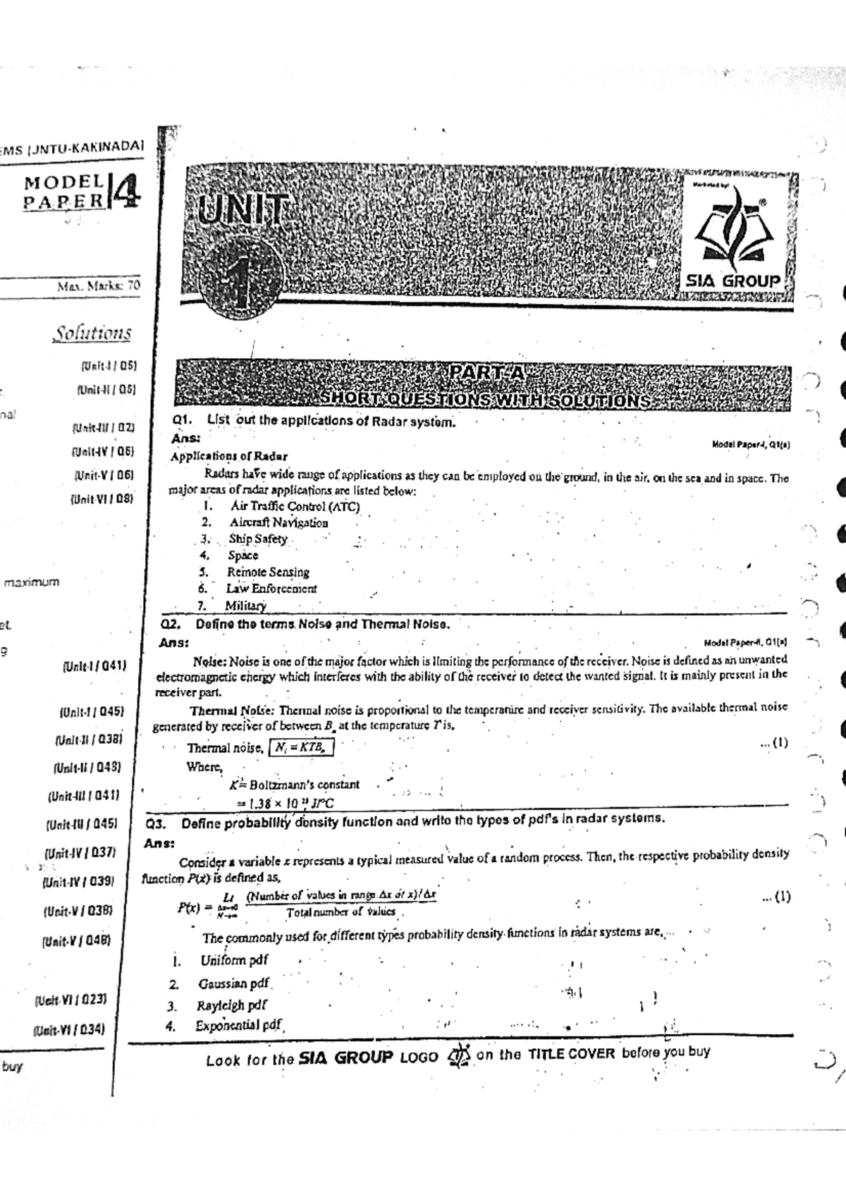 Radar engineering unit 1 - MS MODEL PAPER UNIT SIA GROUP Max. Marks: 70 Solutions (Unit Q5) PART ...